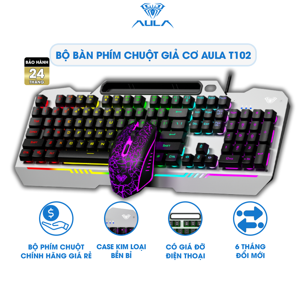 Combo Phím Chuột Giả Cơ Giá Rẻ AULA T102 Gaming Khung Kim Loại Keycap Xuyên Led Full size Chính ...
