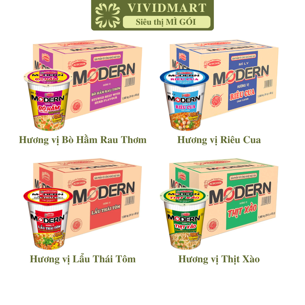 [THÙNG 24 LY] - ACECOOK - Mì ly Modern 4 vị: Lẩu Thái Tôm, Thịt Xào, Bò Hầm Rau Thơm, Riêu Cua ...