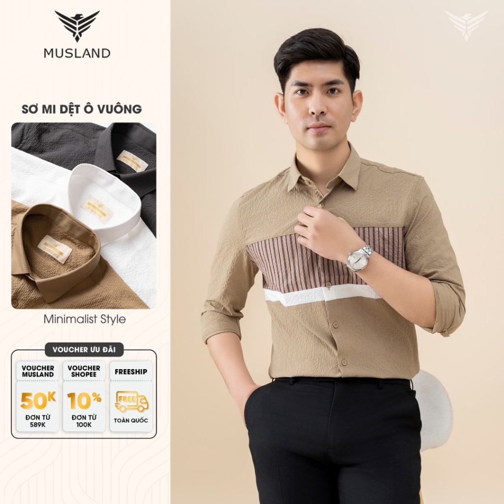 Áo Sơ Mi Nam Musland Tay Dài Dáng Suông Dài Tay Phối Kẻ Ngực Vải Có Họa ...