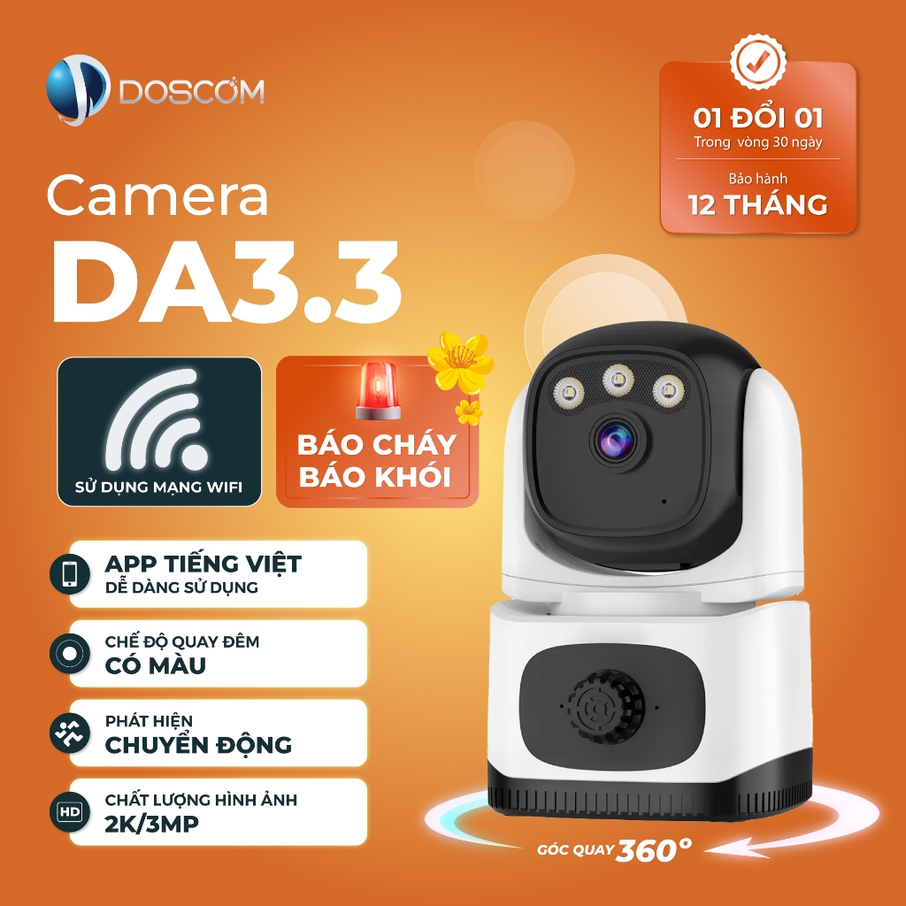 Camera báo khói, báo cháy thông minh Doscom DA3.3 - Camera wifi phát hiện khí gas báo động bảo ...