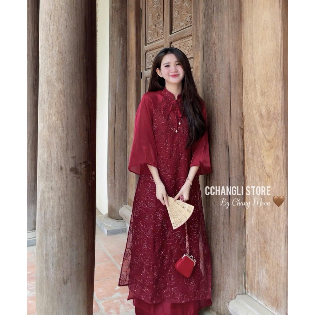 Set áo dài tay lửng buộc dây đỏ đô hòng mix quần suông dáng dài, Set áo ...