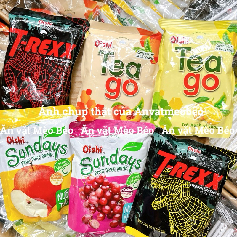 Nước oishi Tea Go, Sunday, T-Rex vị chanh, đào, táo, nho, vải (gói ...