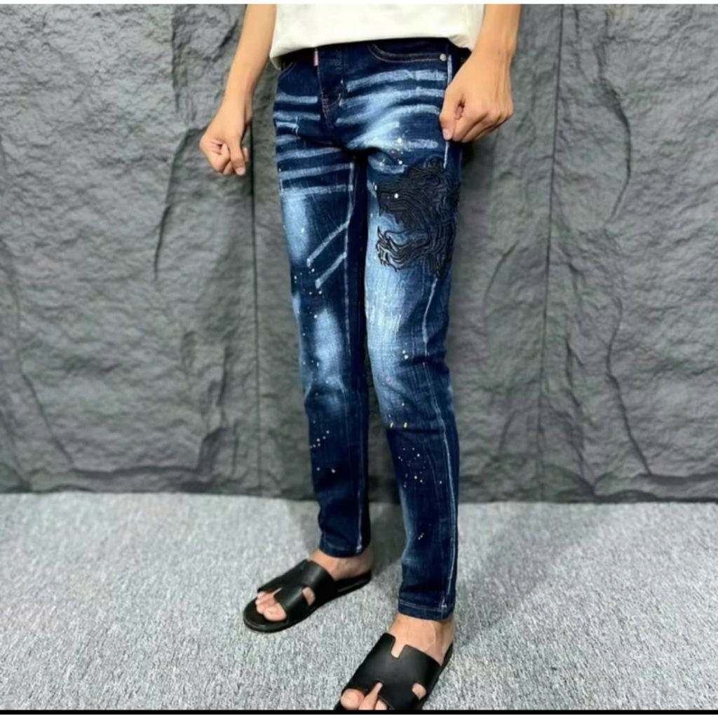 Quần DQ xanh thêu hổ chỉ đen boy phố form ôm co giãn hott trends cao ...