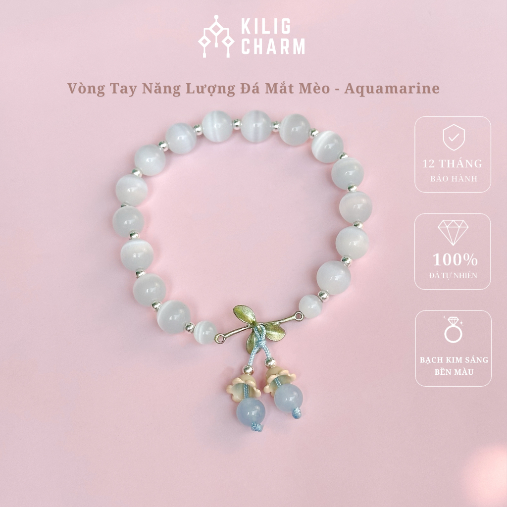 Vòng tay năng lượng đá mắt mèo trắng mix aquamarine thu hút sức khỏe ...
