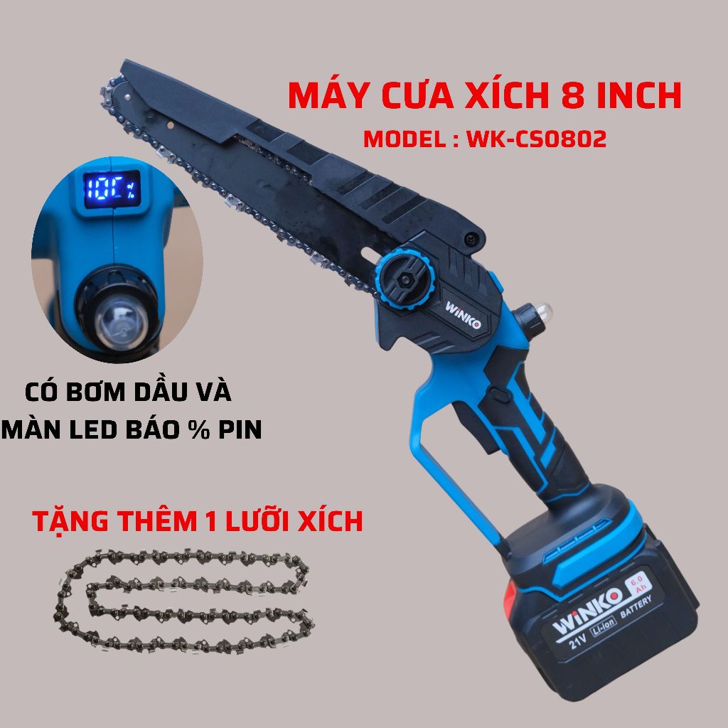 Máy cưa xích pin WINKO model CS0802 lam xích 8icnh, động cơ không chổi than, CHÂN PIN MAKITA Phổ ...