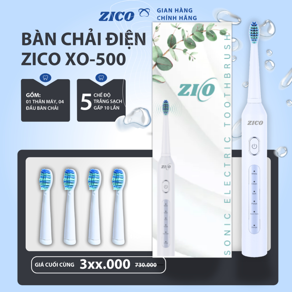 Bàn chải điện cầm tay ZICO XO-500 công nghệ siêu âm Sonic, độ ồn thấp, trắng sạch răng, chống ...