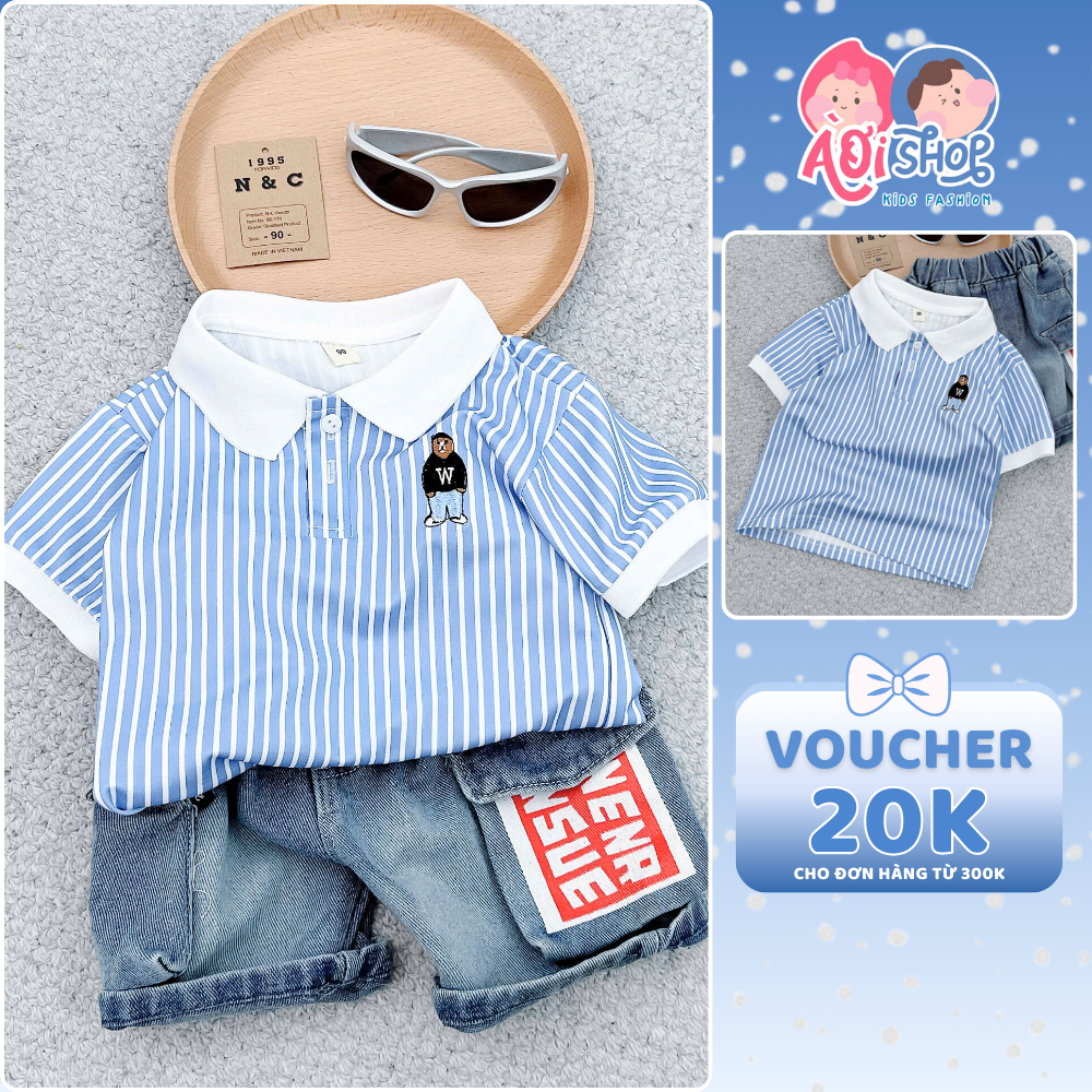 Bộ quần áo polo sọc gấu W sang chảnh cho bé mặc đi chơi đi học size từ ...