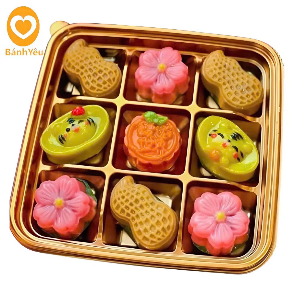 [10-50 cái] Khay nhựa 9 ô đế vàng T450 dùng đựng bánh Dứa, Mochi, bánh ...