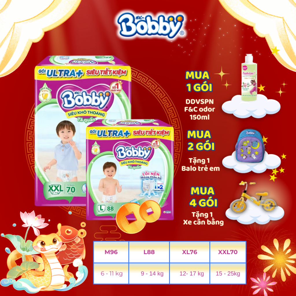 Bỉm Bobby quần Ultra+ siêu tiết kiệm đủ size cho bé từ 6kg tặng quà từ ...