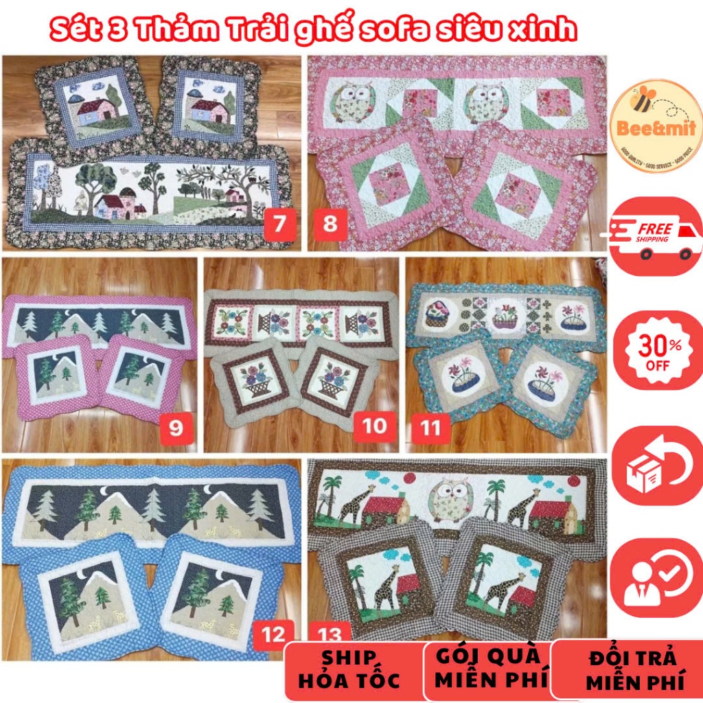 Thảm vải họa tiết Vintage sét 3 chiếc , có hạt chống chơn trượt hàng ...