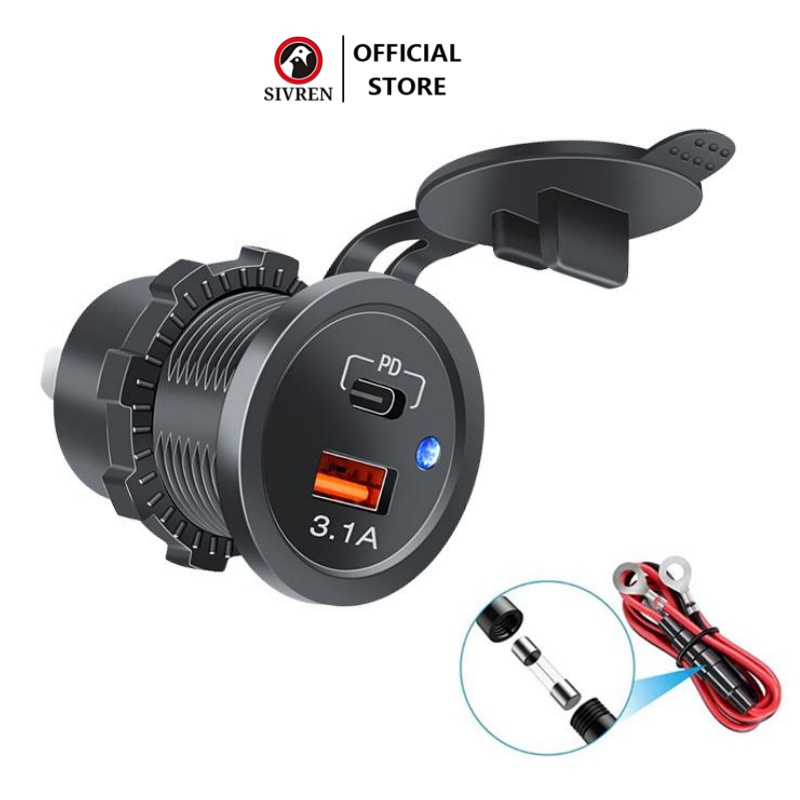 Tẩu sạc nhanh điện thoại ô tô xe máy cao cấp SIVREN, cổng sạc USB và Typce-C có màn hình led ...