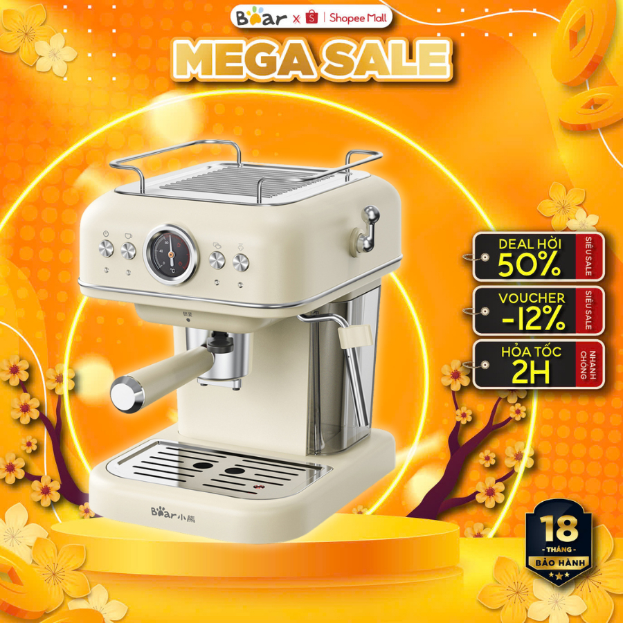 Máy pha cà phê espresso tự động Bear KFJ-E12R5 1.2L, Áp suất 20 BAR ,950W, Tạo bọt sữa, BH 18 ...