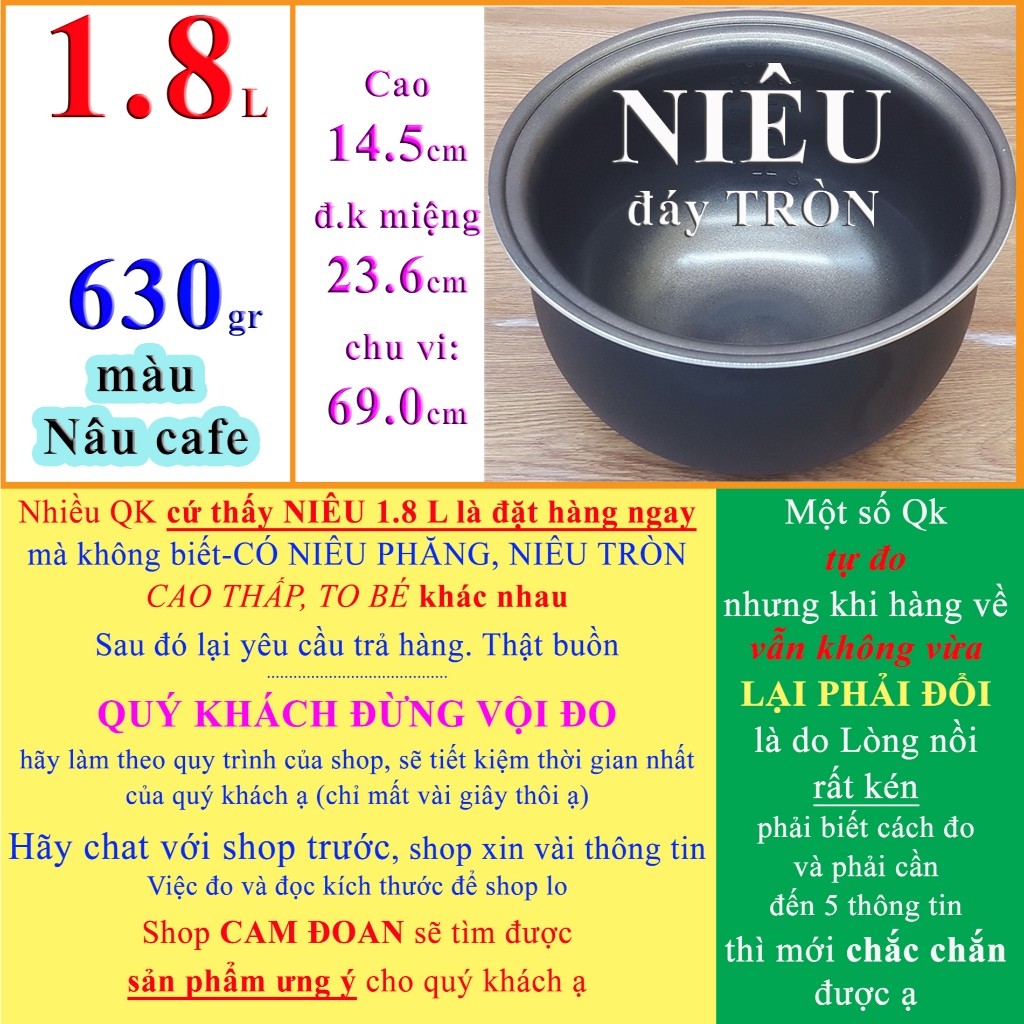 Lòng nồi cơm điện dạng NIÊU – ĐÁY TRÒN 1.8 L, màu đen, nặng 630 gr (az ...