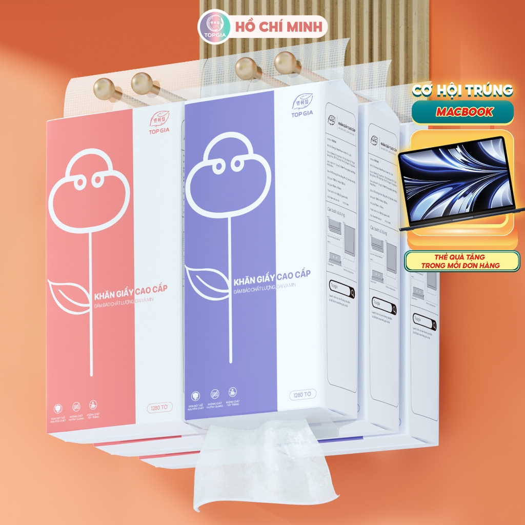 Khăn giấy vệ sinh rút Top Gia, bịch rút cao cấp 1280 tờ 4 lớp, tặng kèm móc treo tiện lợi ...