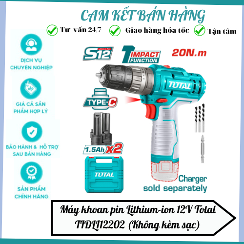 Máy khoan pin Lithium-ion 12V TOTAL TIDLI12202 Tặng kèm dây sạc type C ...