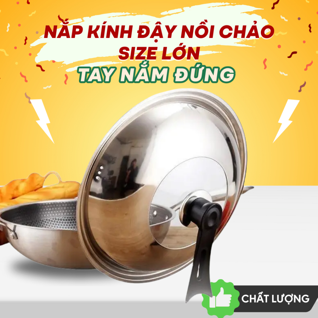 Nắp đậy chảo chống dính bằng kính cường lực kết hợp [INOX] tay cầm đứng cao cấp, tiện lợi (28cm ...