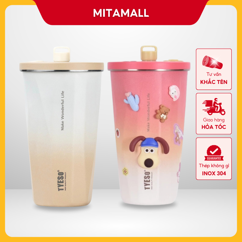 Ly giữ nhiệt khắc tên Tyeso Gradient 600ML, inox 304, giữ nhiệt nóng lạnh kèm theo ống hút inox ...