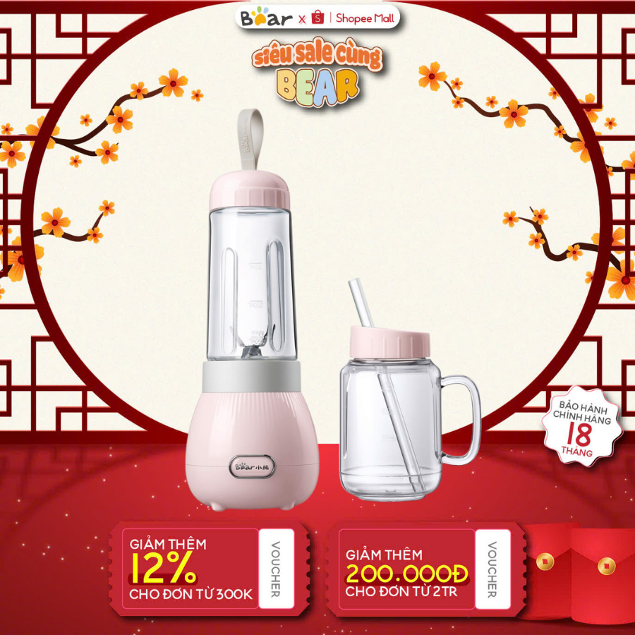 Máy xay sinh tố cầm tay Mini Bear LLJ-C04W1, 2 Cốc kèm nắp, Lưỡi dao xay đá viên nhỏ, BH 18 ...