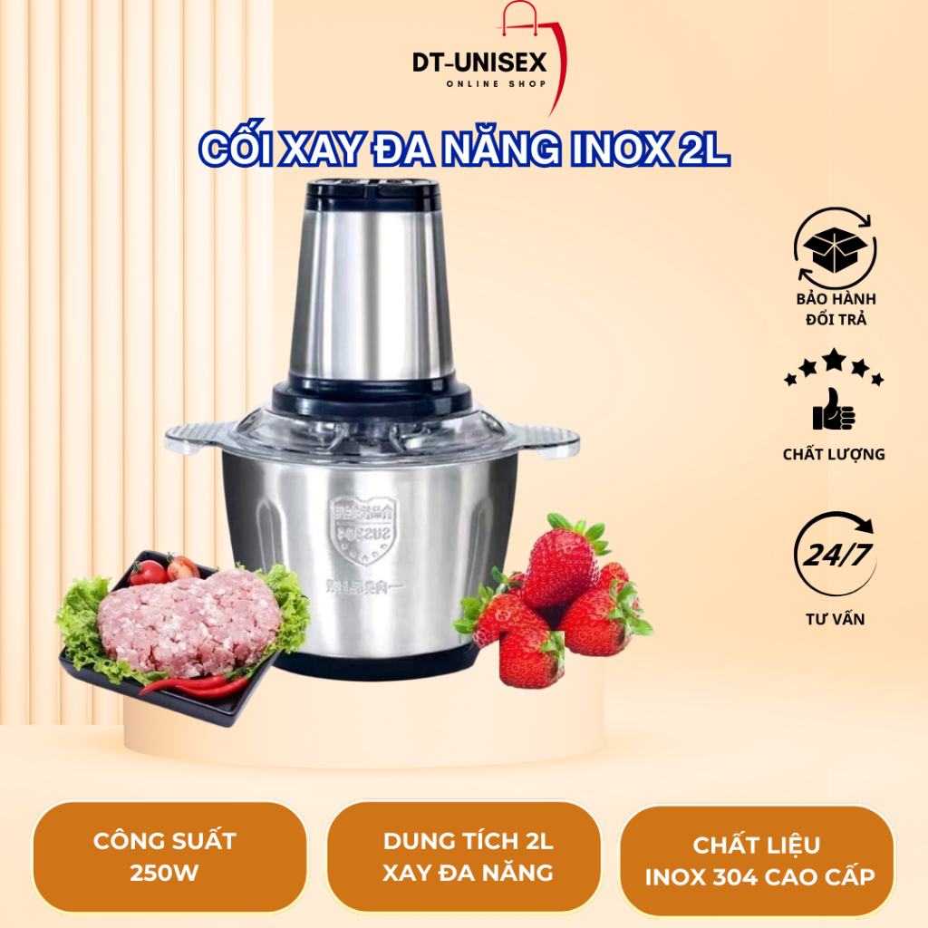 Máy Xay Thịt Đa Năng Cối INOX 304 2L Công Suất 250W, 4 Lưỡi Dao Xay Thịt Cá, Rau Củ, Xay Sinh Tố ...