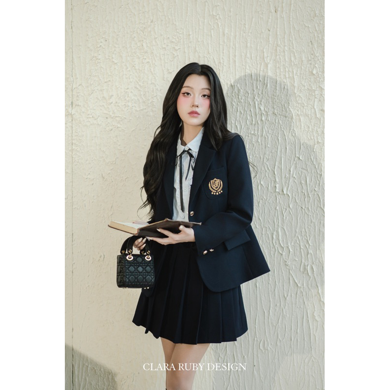 CLARA RUBY- Áo jacket nữ sinh và chân váy xếp ly màu Xanh Than/Đỏ đô ...