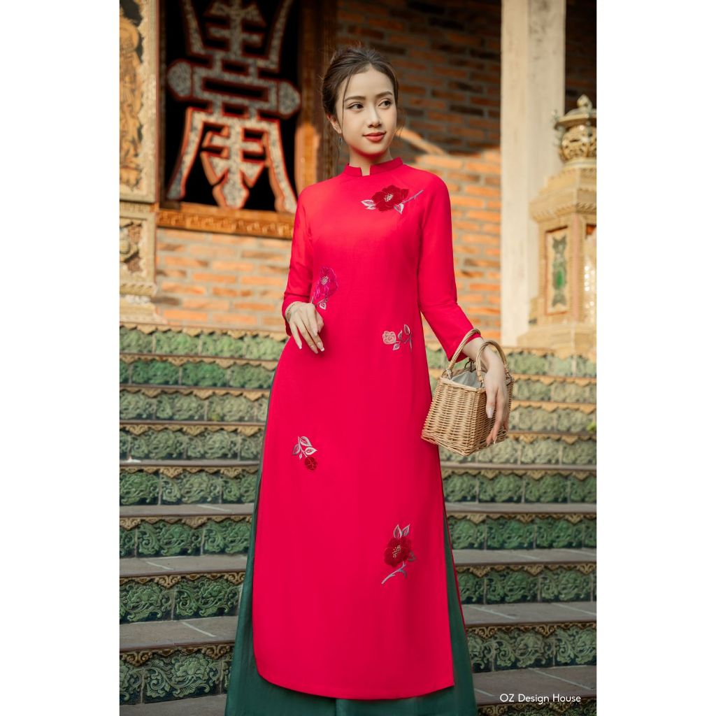 Áo dài OZ Design House AD47703TTE25 linen thêu dập nhung cổ tàu màu đỏ ...