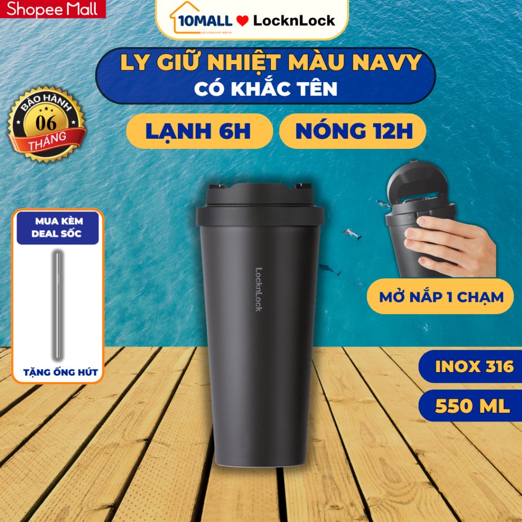 Ly giữ nhiệt LocknLock 550ml LHC3249BLK Đen, mở nắp một chạm, thép ...