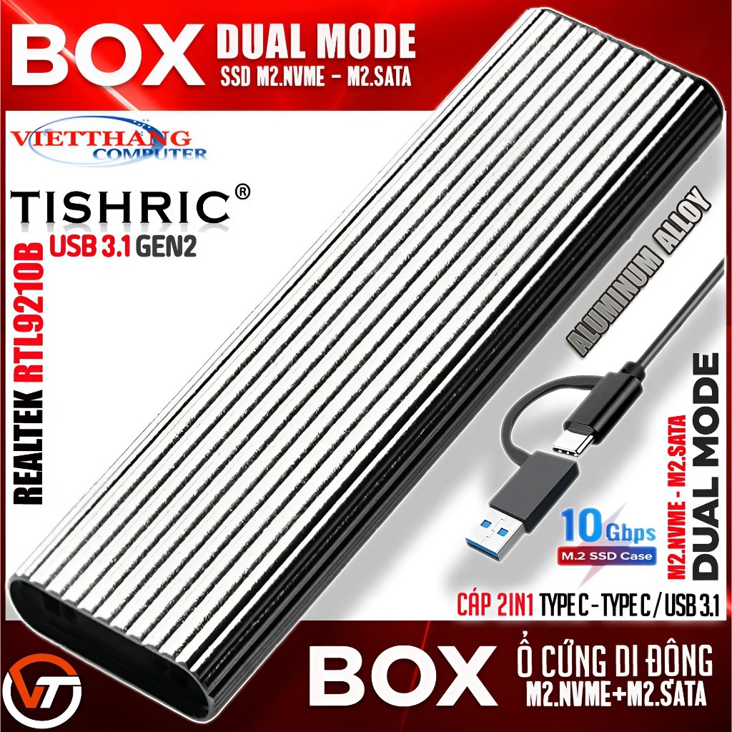 Box Di động SSD M2 Dual Mode ( M2.NVMe + M2.SATA )10Gbps USB 3.1 Gen2 ...