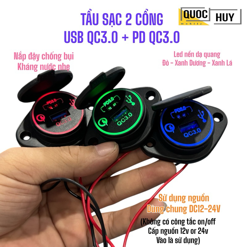 Tẩu sạc nhanh 2 cổng USB QC3.0= 18w, PD QC3.0=36w cho xe máy, ô tô, xe tải buýt, nắp đậy chống ...
