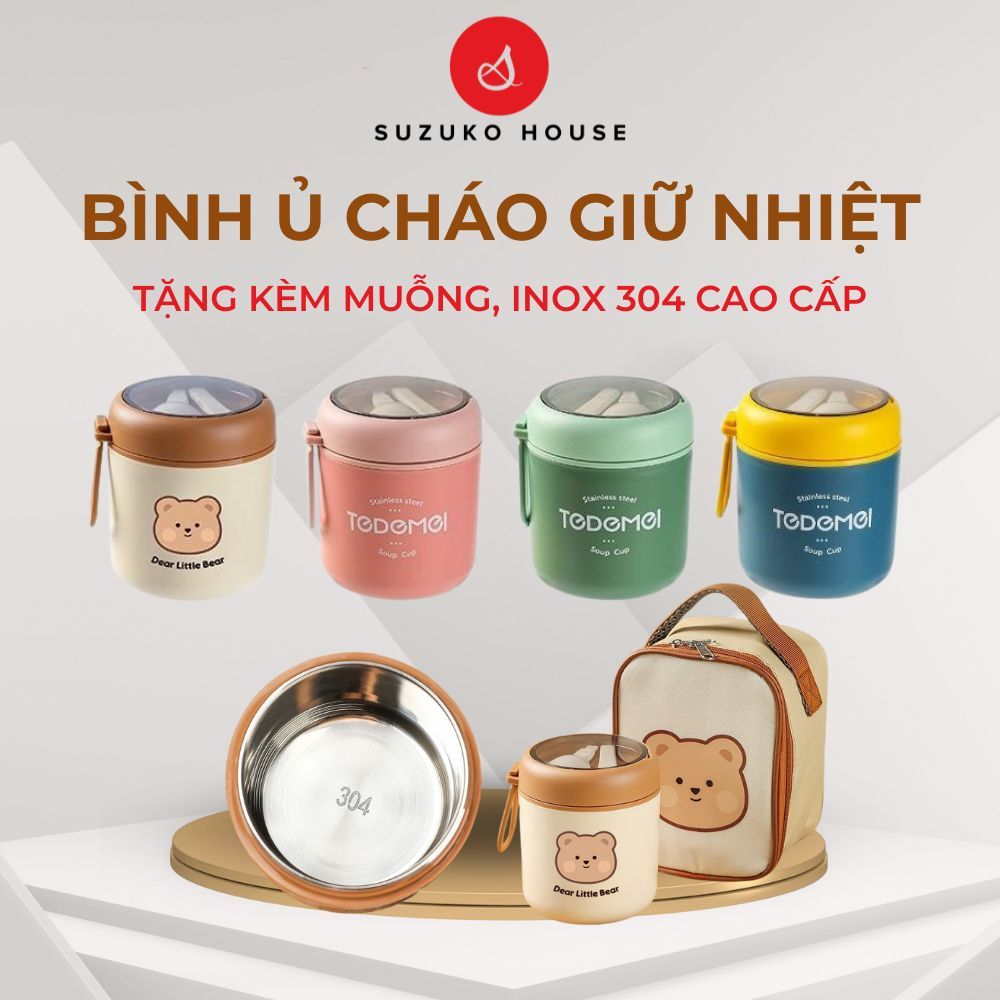 Bình ủ cháo giữ nhiệt SUZUKO HOUSE, hộp cốc đựng cháo inox 304 530ml kèm muỗng cho bé đi học ...