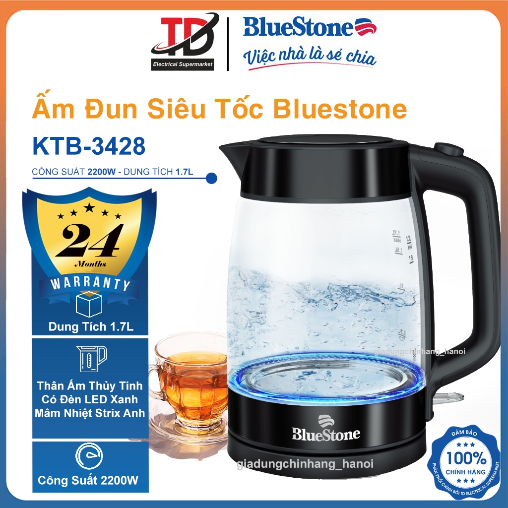 Ấm Đun Siêu Tốc Bluestone KTB-3428,Thân Ấm Thuỷ Tinh Có Đèn LED - 2200w 1.7Lit, Hàng Chính Hãng ...