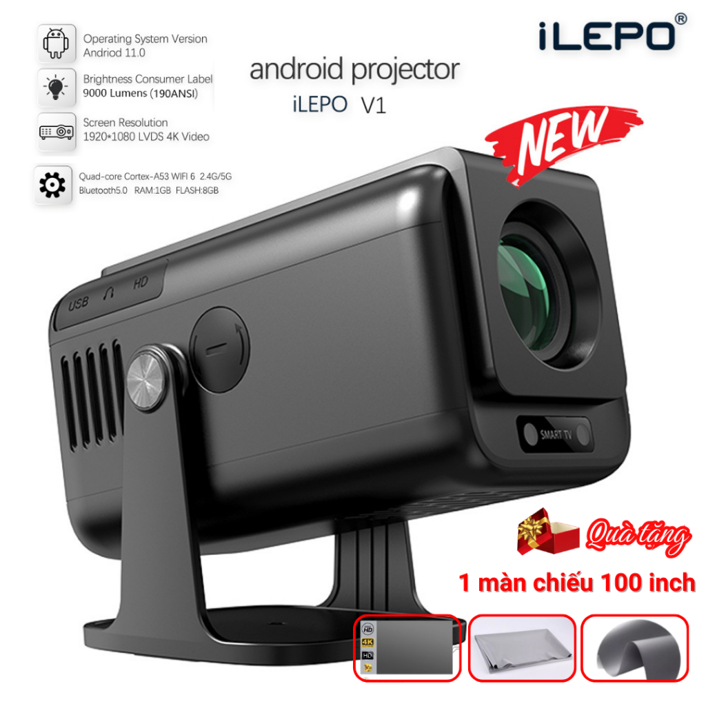 Máy chiếu mini ilepo Android Full HD 4K chiếu tường wifi 6g màn hình ...