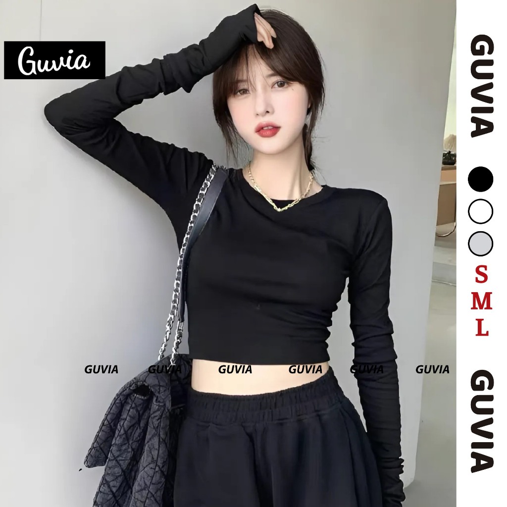 Áo Croptop Tay Dài GUVIA CỔ TRÒN Nữ Ôm Body Chất Tốt, Áo Thun gân kiểu nữ dài tay mặc đẹp CR21 ...