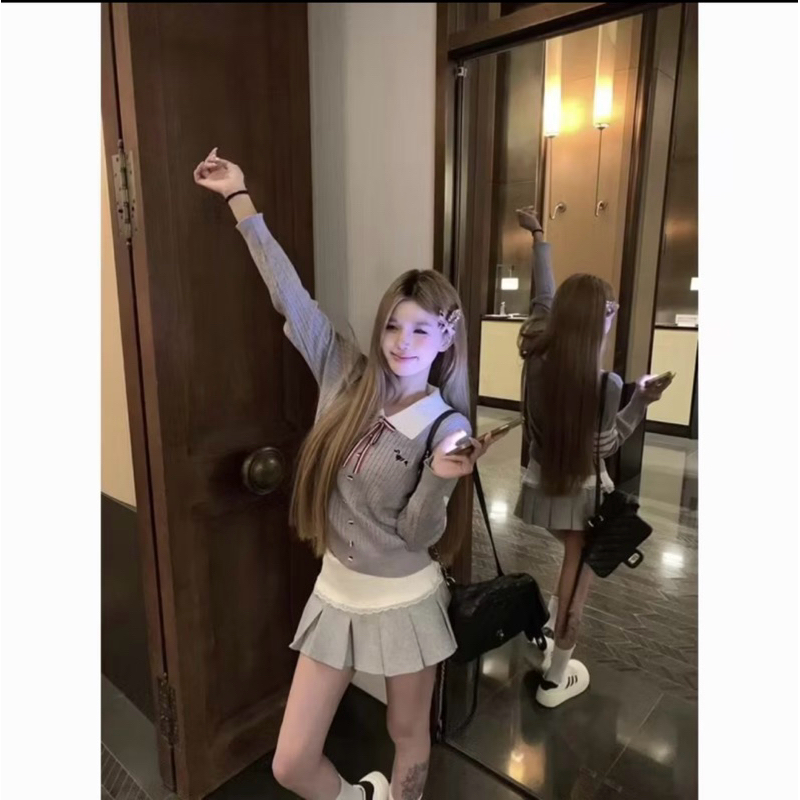 (Order) Set Áo Len Tho.m Nơ Xinh Mix Chân Váy Xếp Ly Xoè | Shopee Việt Nam