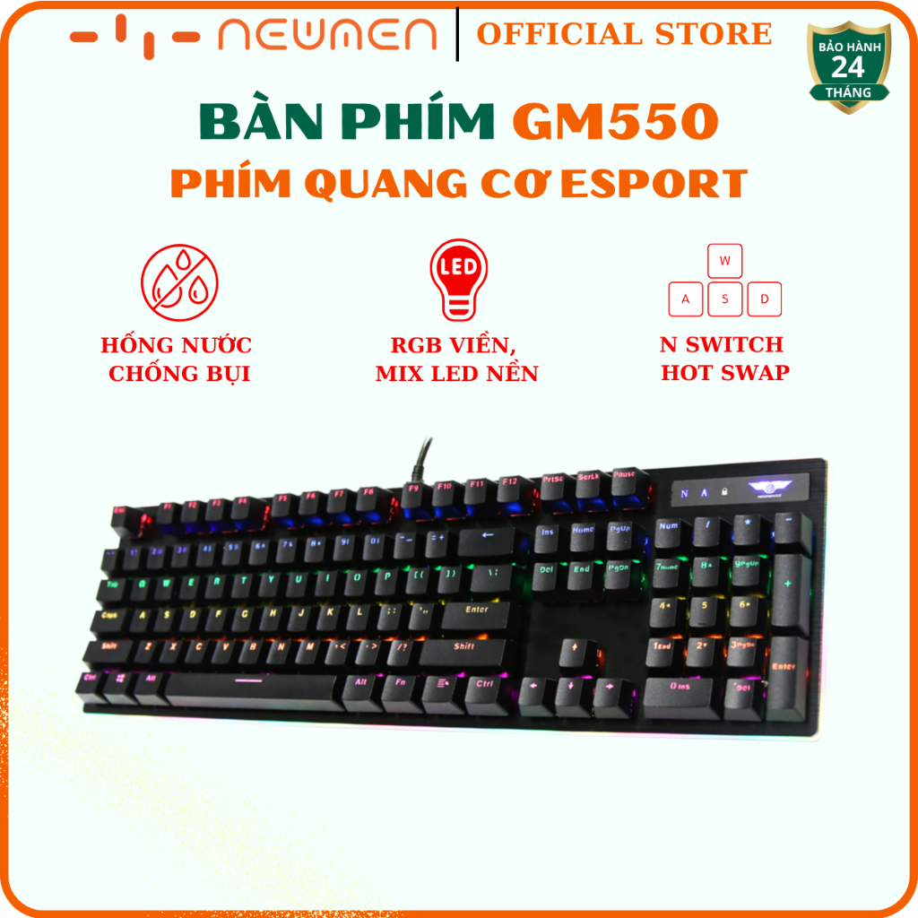Bàn phím cơ Newmen GM550,Plate nhôm, IP55 chống nước, chống bụi,LED RGB ...