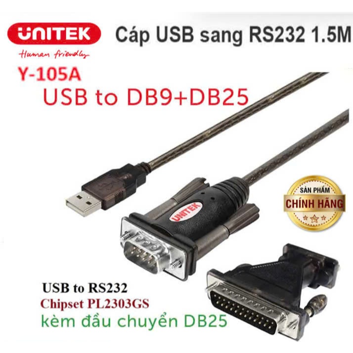 Cáp USB to RS232 Unitek Y-105A (USB to Com 9 chân kim + đầu DP25,dài 1 ...