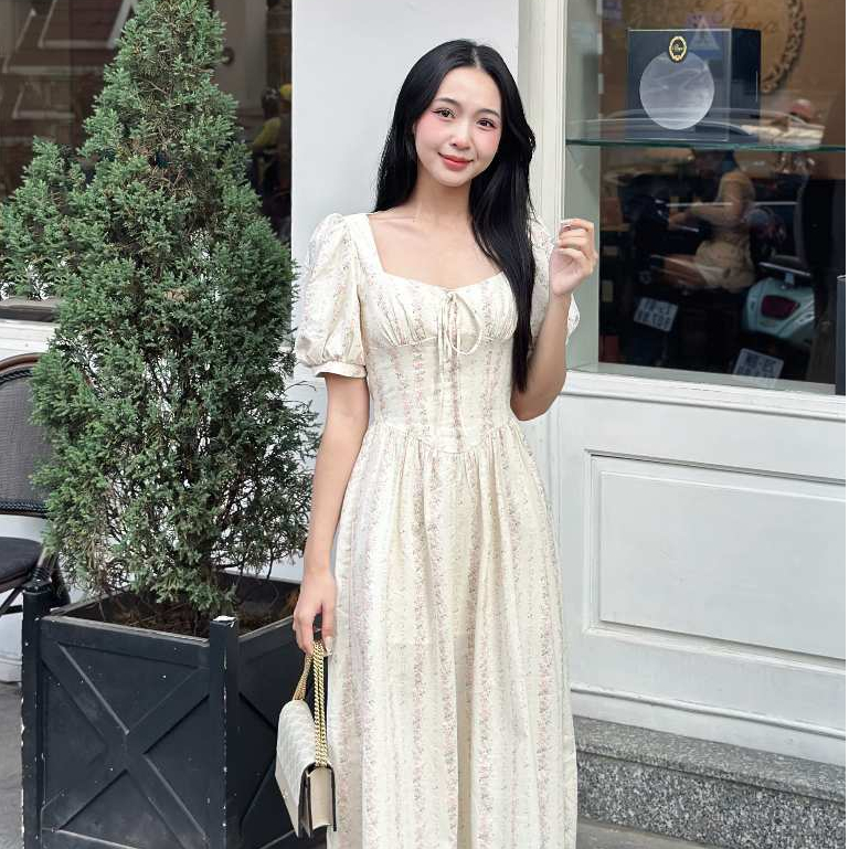 Emme.studio - Mira Dress đầm hoa nhí be cổ vuông lưng kín | Shopee Việt Nam