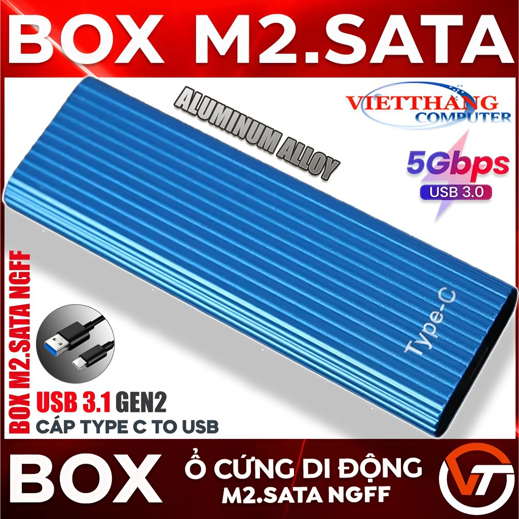 Box SSD M2.SATA 6Gbps USB 3.1 Gen2 Hợp kim nhôm Aluminum Mầu Xanh Blue ...