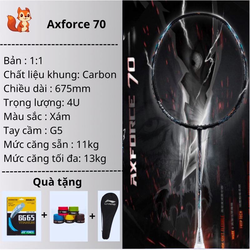 Vợt cầu lông Axforce 70 Sói bạc khung Carbon căng max 13kg, tặng cước ...