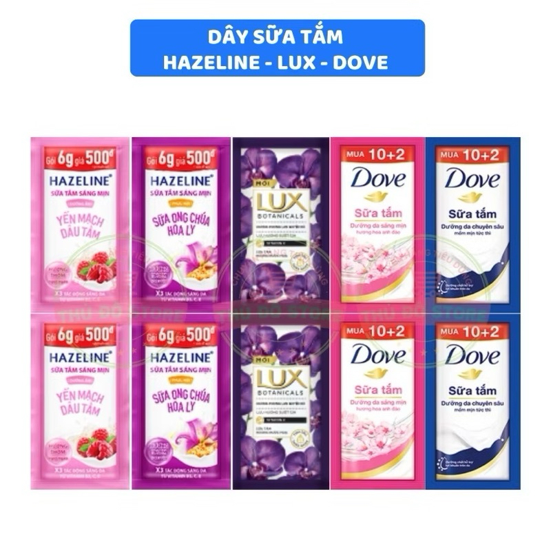 Dây Sữa Tắm Hazeline | Dove | Lux Trắng Sáng Mịn - Dây 12 Gói x 6G | Shopee Việt Nam