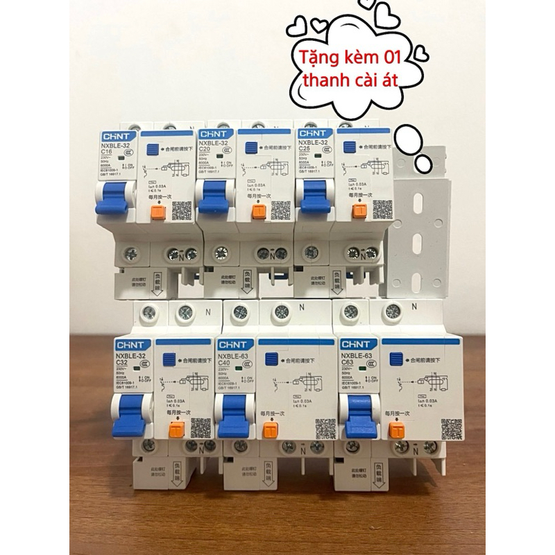 Aptomat Chống Dò Chống Giật CHINT 1P+N 16A -->63A Át Chống Giật 1 Pha Tặng kèm 1 thanh cài át ...