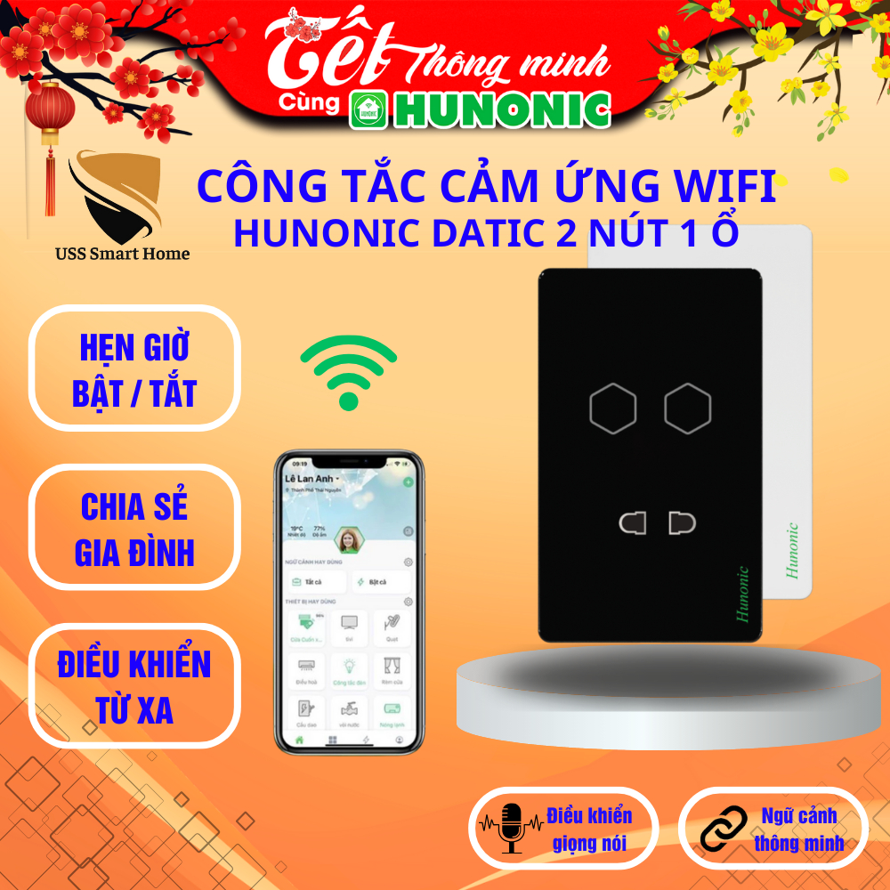 Công tắc cảm ứng thông minh Hunonic Datic 2 IN 1 kèm ổ cắm wifi, điều khiển từ xa qua điện thoại ...