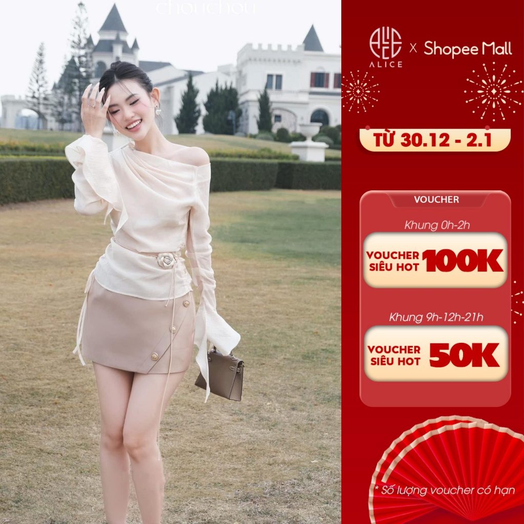 Set Đồ Nữ Áo Lệch Vai Tay Loe Cổ Xếp Li Kèm Chân Váy Dáng Ôm ALICE Chất Liệu Cao Cấp, Tôn Dáng ...