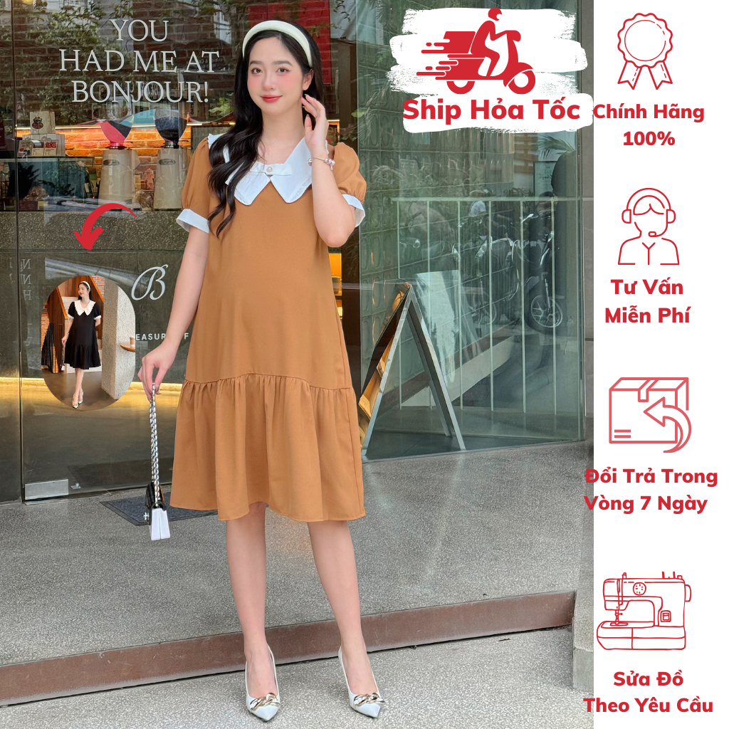 [BEST SELLER] ( 40kg - 95kg ) Đầm Bầu , Suông , Cổ Bèo , Nâu , 1 Cúc ...
