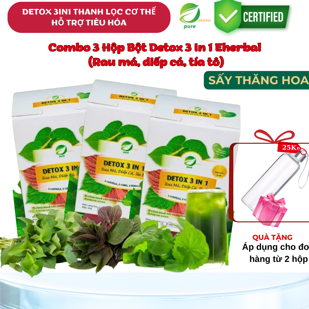 Combo 3 Hộp Bột Detox 3 trong 1 Sấy Thăng hoa Eherbal (Rau má, diếp cá ...