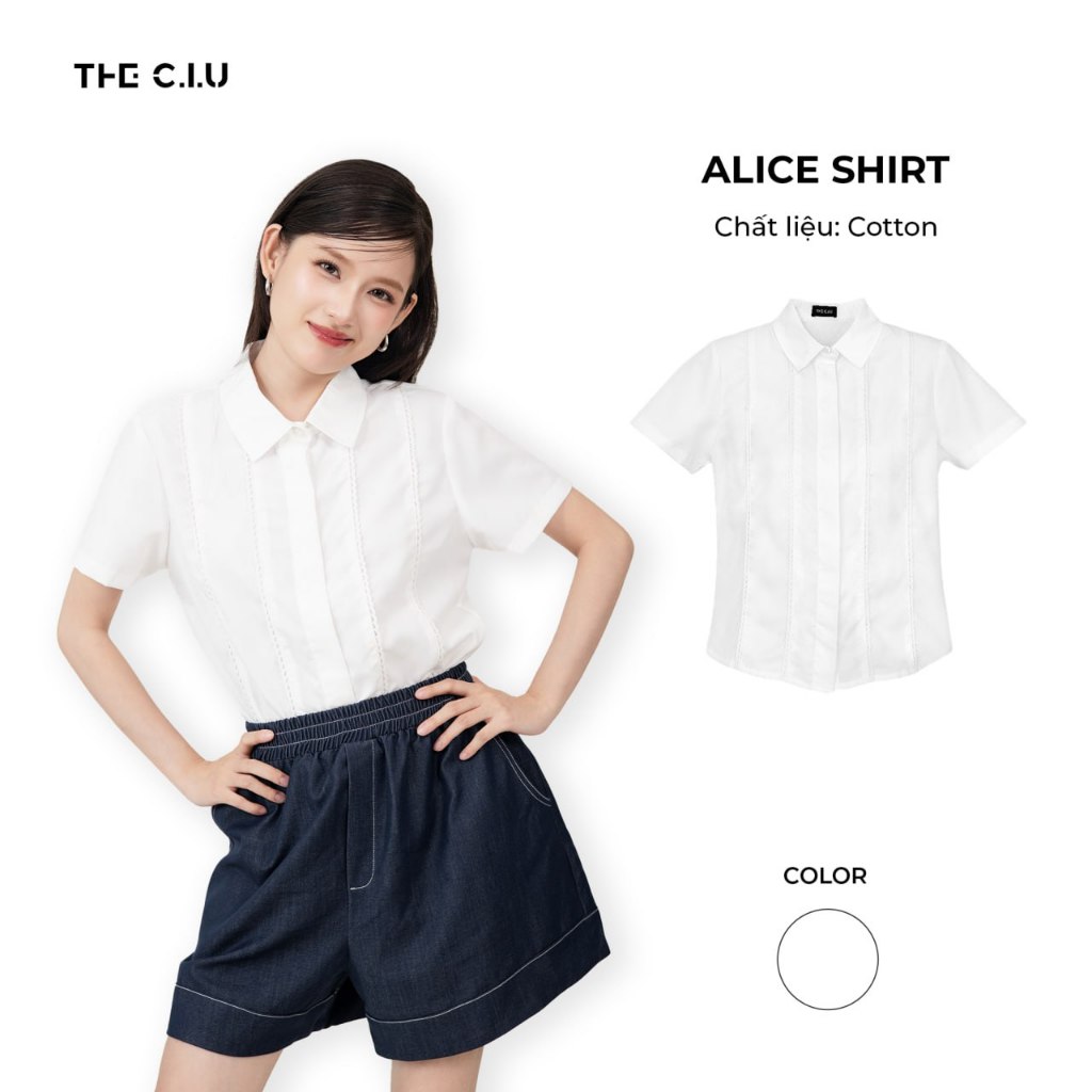 Áo sơ mi nữ hoạ tiết phối ren THE C.I.U, áo sơ mi kiểu tay ngắn công sở basic - Alice Shirt ...
