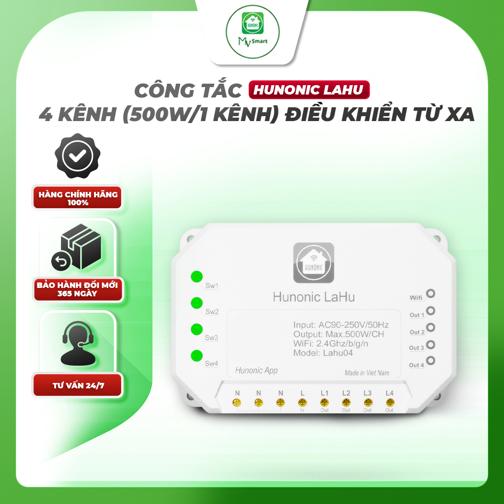 Công tắc thông minh Hunonic Lahu 4 kênh (500W/1 kênh) điều khiển mọi ...