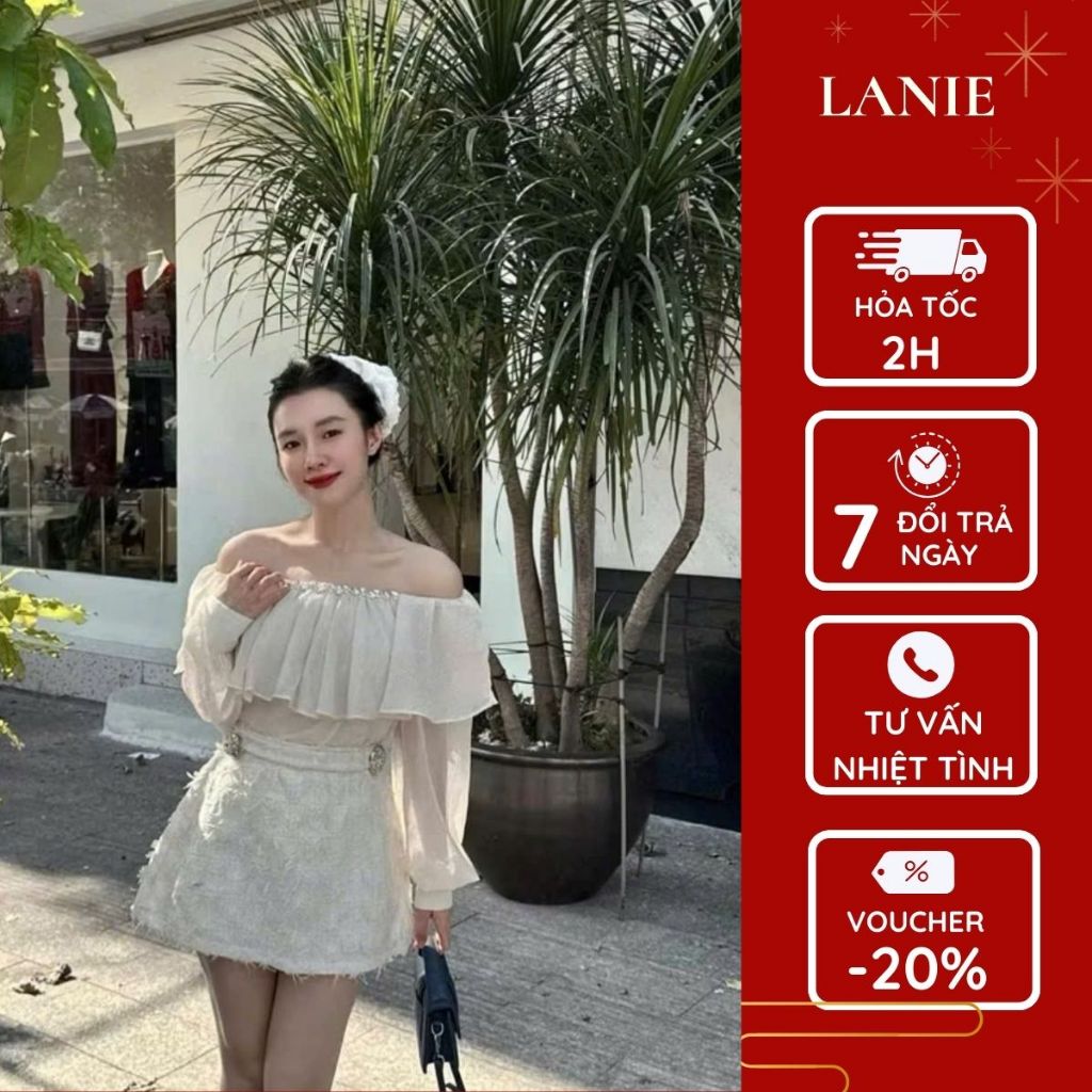 Áo LANIE, Áo Trễ Vai Nữ Dài Tay Tơ Nhăn Cổ Đính Đá Cao Cấp- A07 ...
