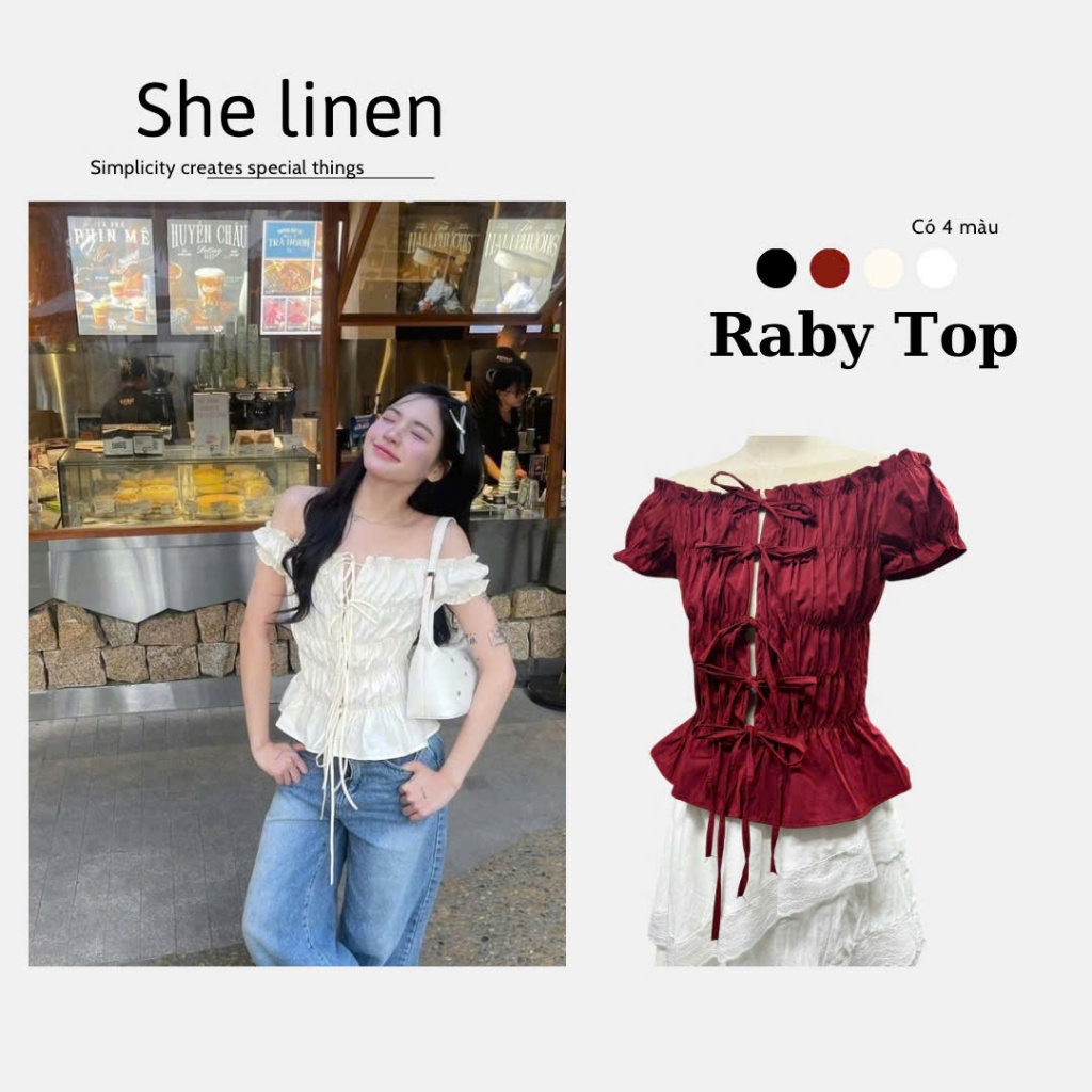 RABI TOP- Áo Trễ Vai Tay Con Đan Dây, Áo Kiểu Đan Dây She Linen ...