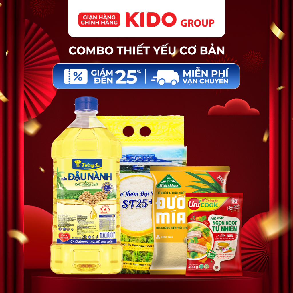 Combo Thiết Yếu Cơ Bản: Gạo ST 25 x 2KG, 1 chai Dầu Đậu Nành 2L, Đường Mía 1kg, 1 gói Hạt nêm ...
