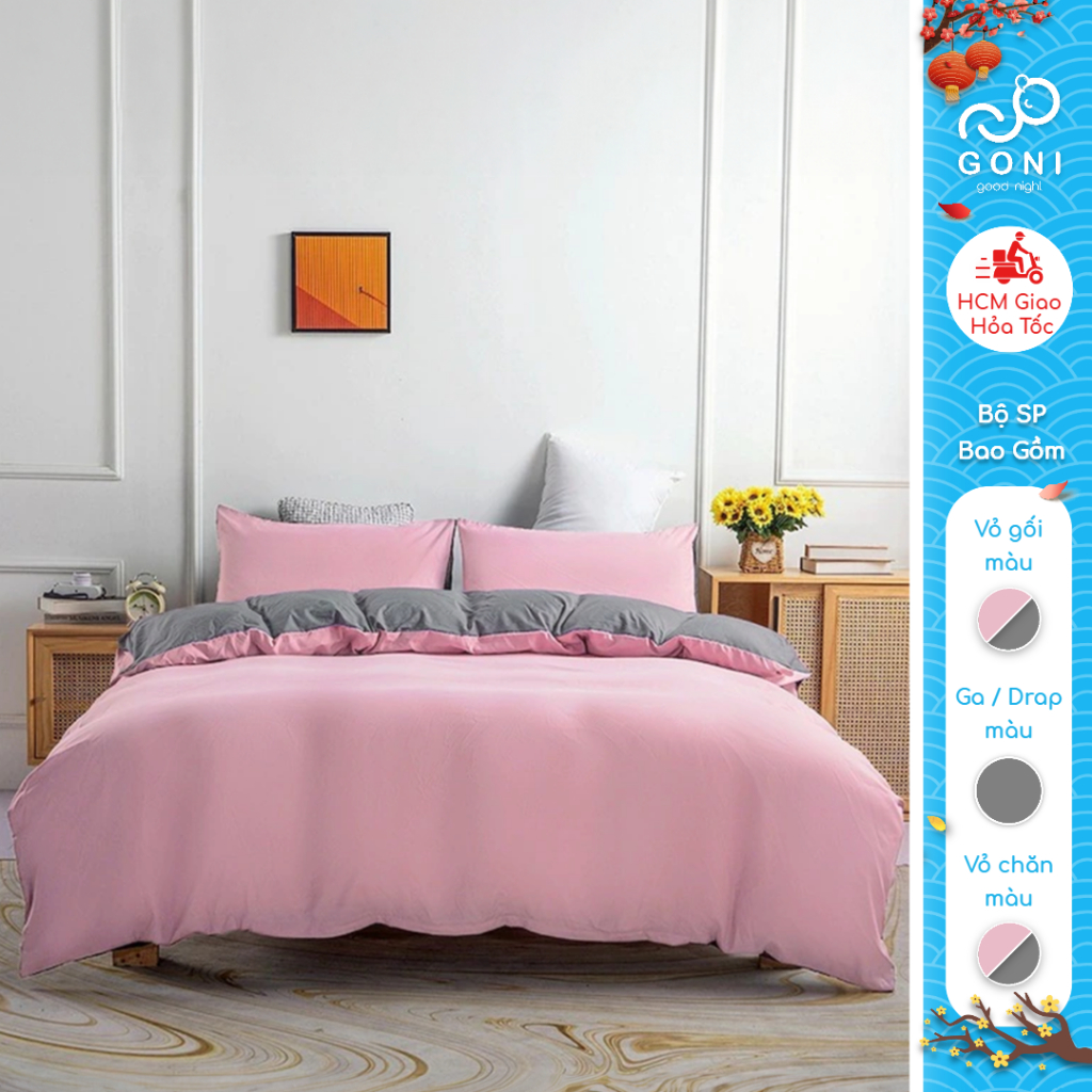 Bộ chăn mền ga gối GONI Tici màu Hồng Xám - Ga drap giường bo chun cao 4-25cm kích thước 1m, 1m2 ...